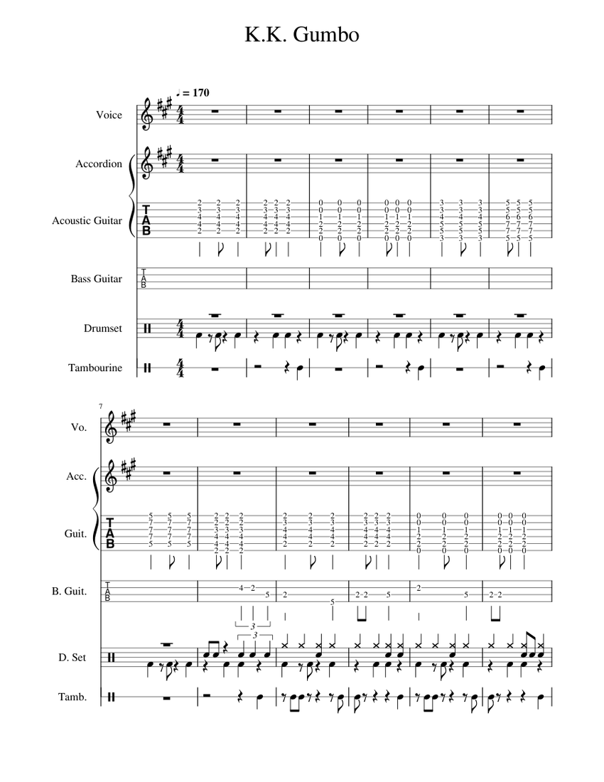 K.K. Gumbo Sheet Music and Tab for Accordion, Vocals, Tambourine ...