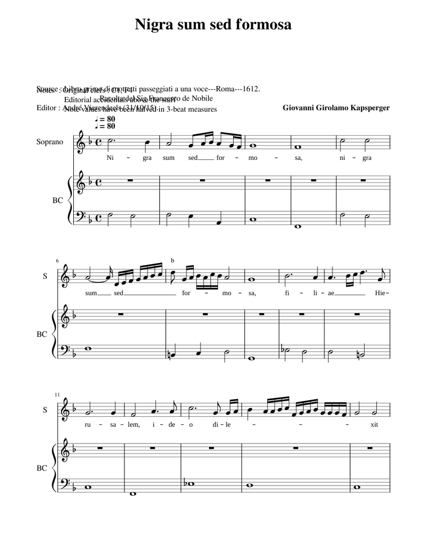 Nigra sum - Giovanni Girolamo Kapsperger Sheet music for Piano, Soprano ...