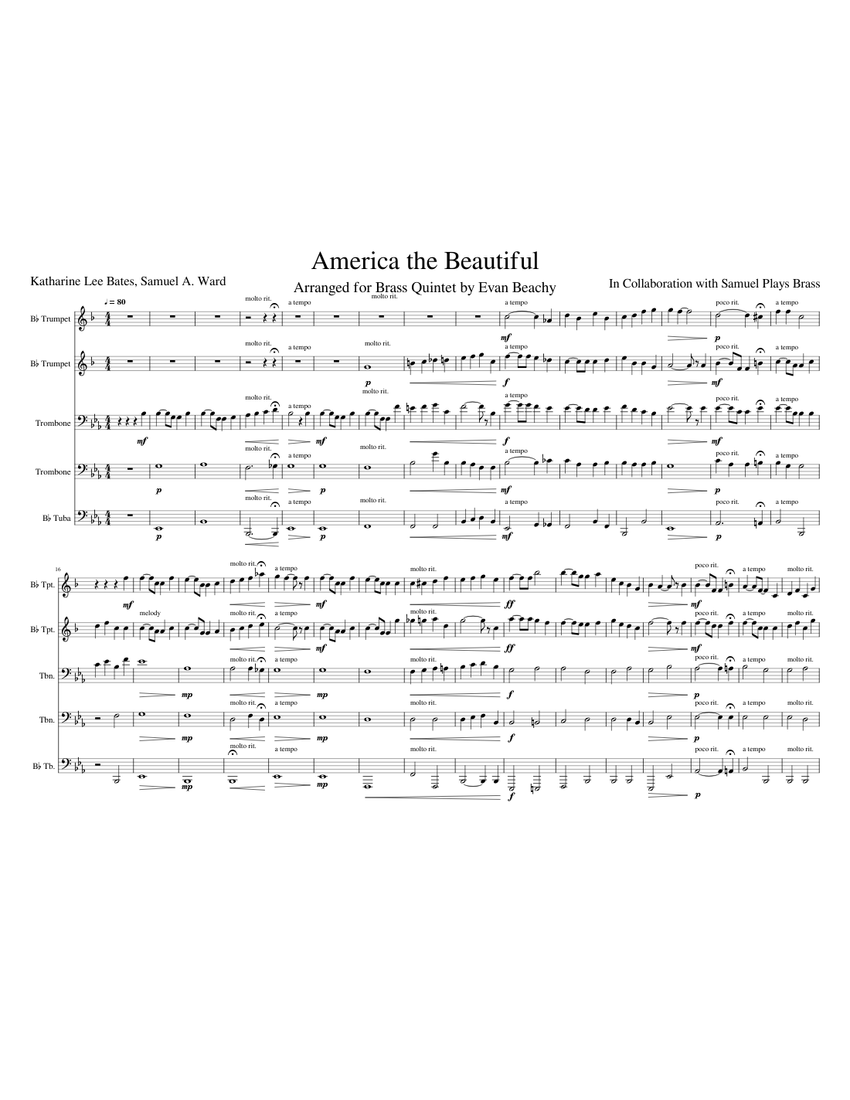 America The Beautiful - Brass Quintet Sheet music for Trombone, Tuba ...