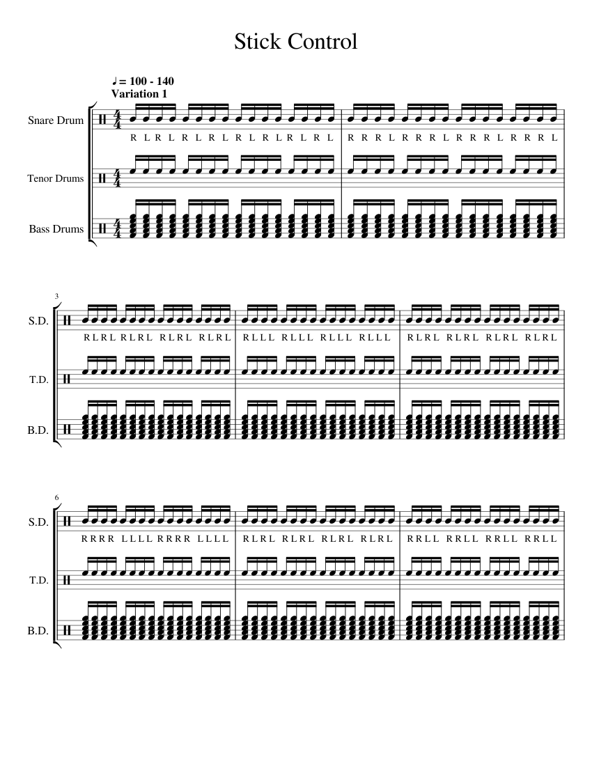 Stick_Control Sheet music for Snare drum, Tenor drum, Bass drum ...