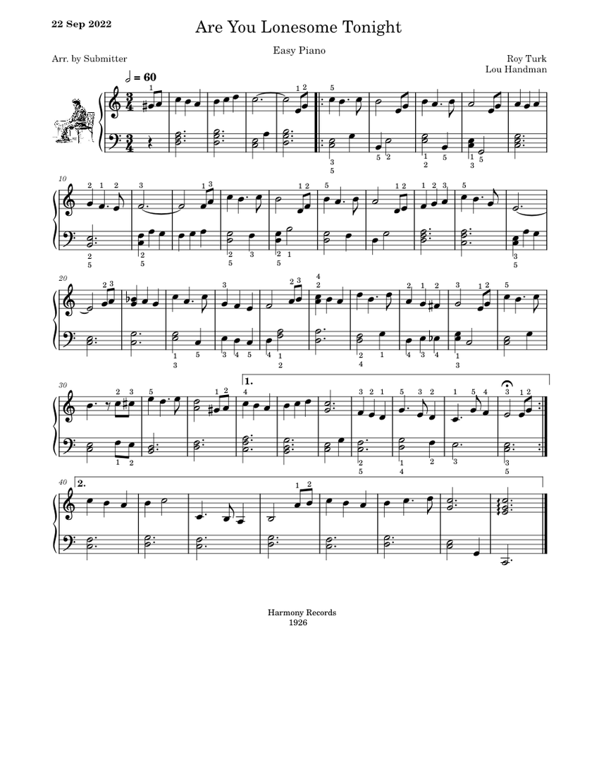 Are You Lonesome Tonight? – Roy Turk and Lou Handman Sheet music for ...