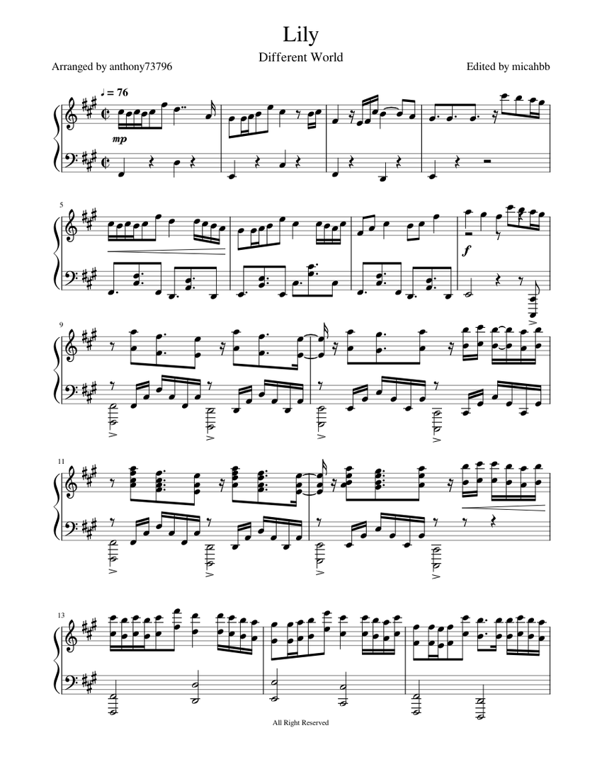 Alan Walker - Lily (Accurate Arrangement) Sheet Music for Piano (Solo) | MuseScore.com