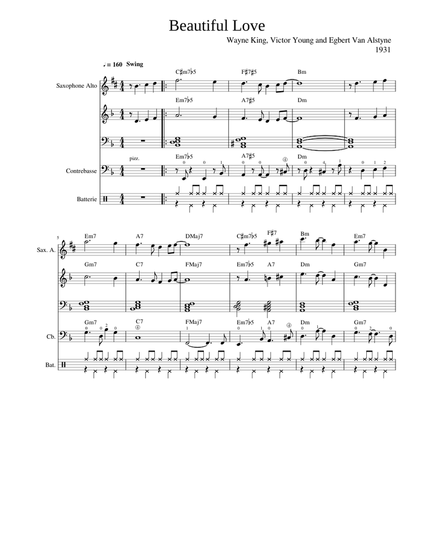 Beautiful Love Sheet Music with Chords for Saxophone alto, Contrabass ...