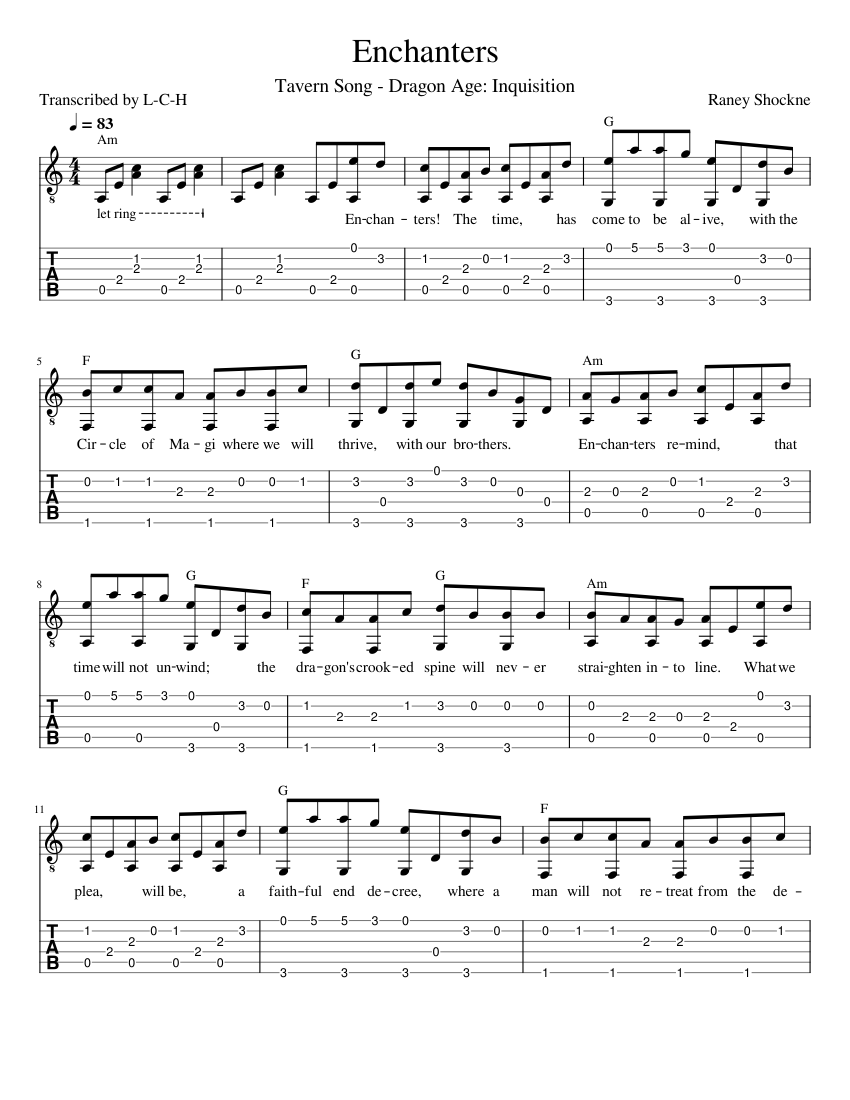 Enchanters – Dragon Age: Inquisition Sheet Music and Tab for Guitar ...