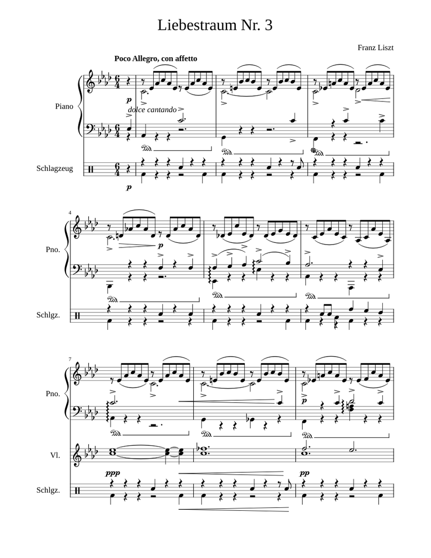 Liebestraum 3 – Franz Liszt Sheet Music for Piano, Violin, Drum group ...