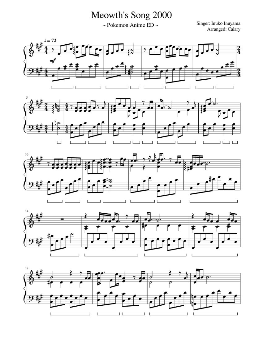Pokemon Anime ED - Meowth's Song 2000 Sheet Music for Piano (Solo ...