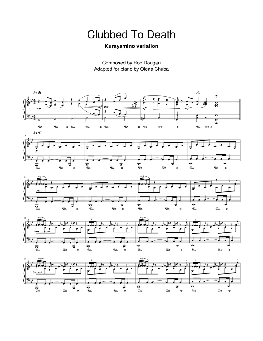 Clubbed to Death - Matrix Theme (complete version) Sheet Music for ...