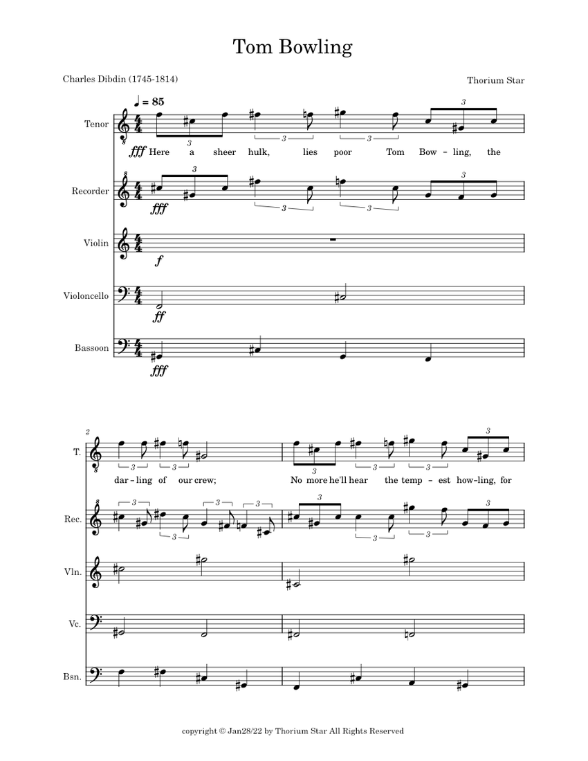 Tom Bowling Sheet Music for Tenor, Bassoon, Violin, Cello & more ...