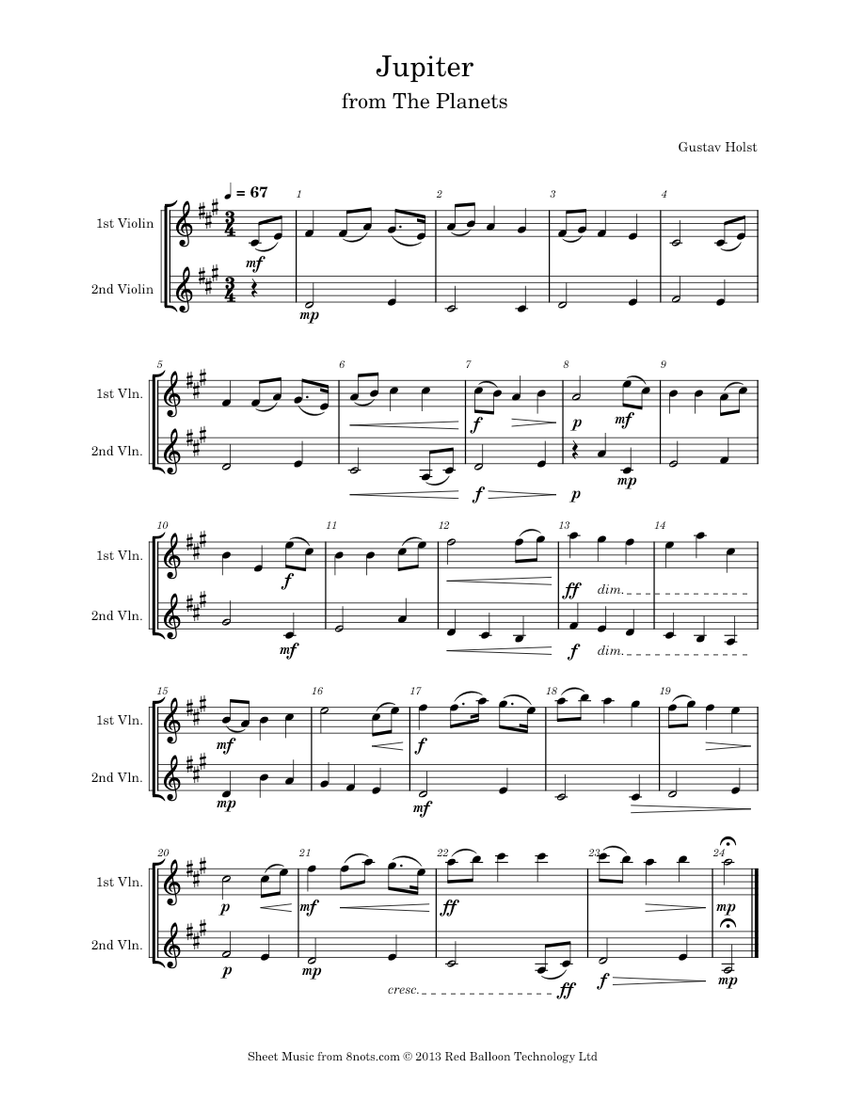 Jupiter Theme from "The Planets" – Hash Phillip Sheet Music for Violin (String Duet) | MuseScore.com