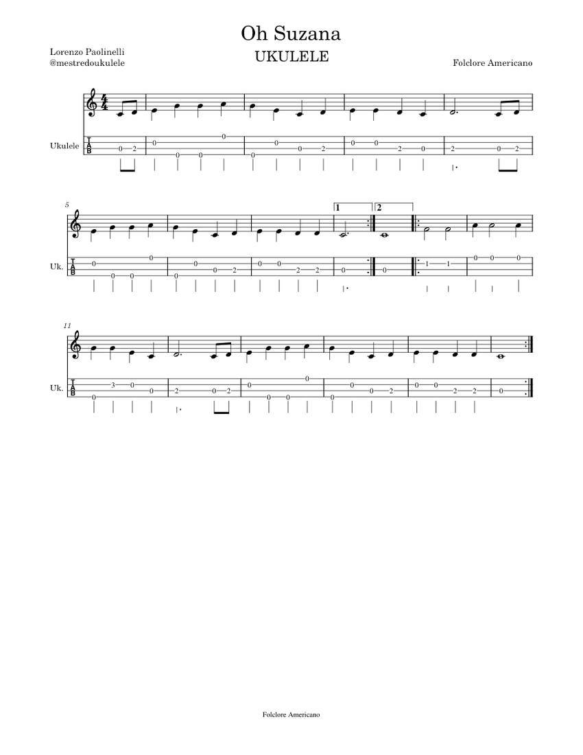 Oh Suzana Ukulele Sheet Music for Ukulele (Mixed Duet) | MuseScore.com