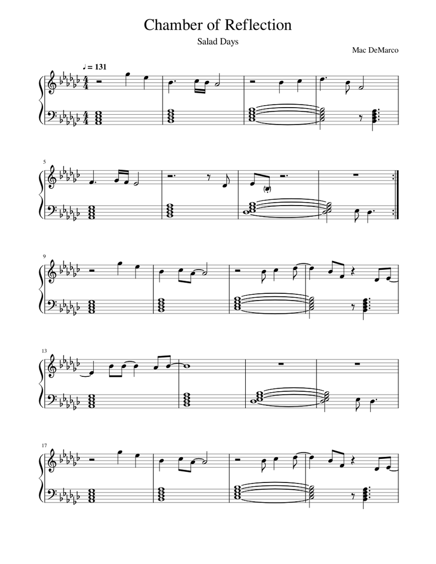 Mac DeMarco - Chamber of Reflection Sheet Music for Piano (Solo) easy ...