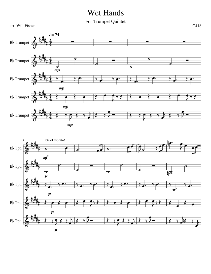 Wet Hands (Minecraft) Sheet Music for Trumpet in b-flat (Mixed Quintet ...