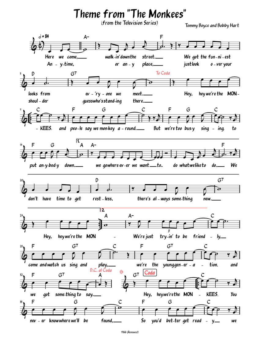 Theme from "The Monkees" (Lead sheet with lyrics ) Sheet Music with ...