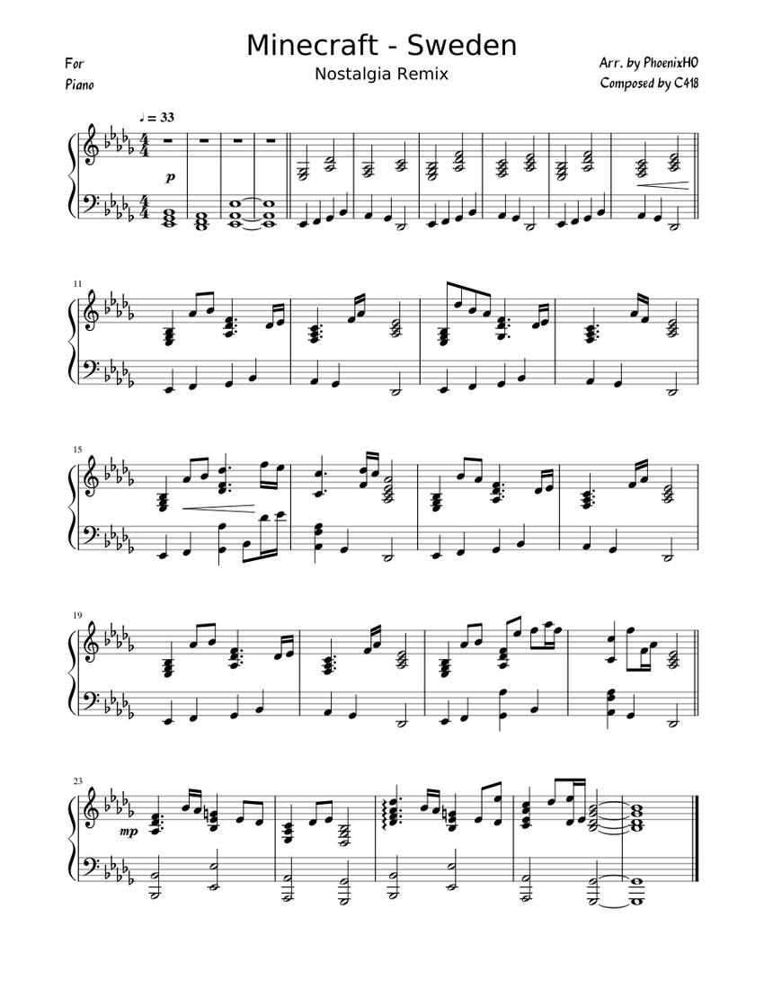 Minecraft - Sweden | Nostalgia Remix Sheet Music for Piano (Solo) Easy ...