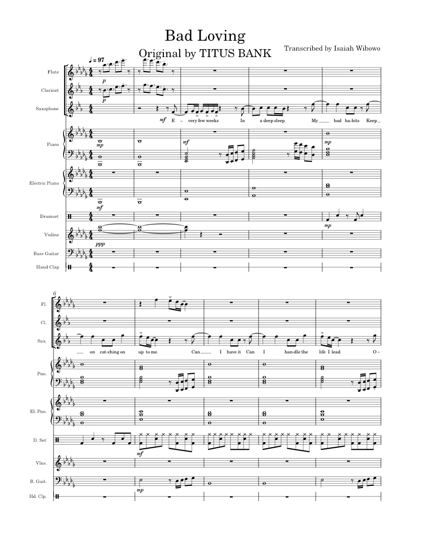 Bad Loving – TITUS BANK Sheet Music for Piano, Flute, Bass guitar, Drum ...