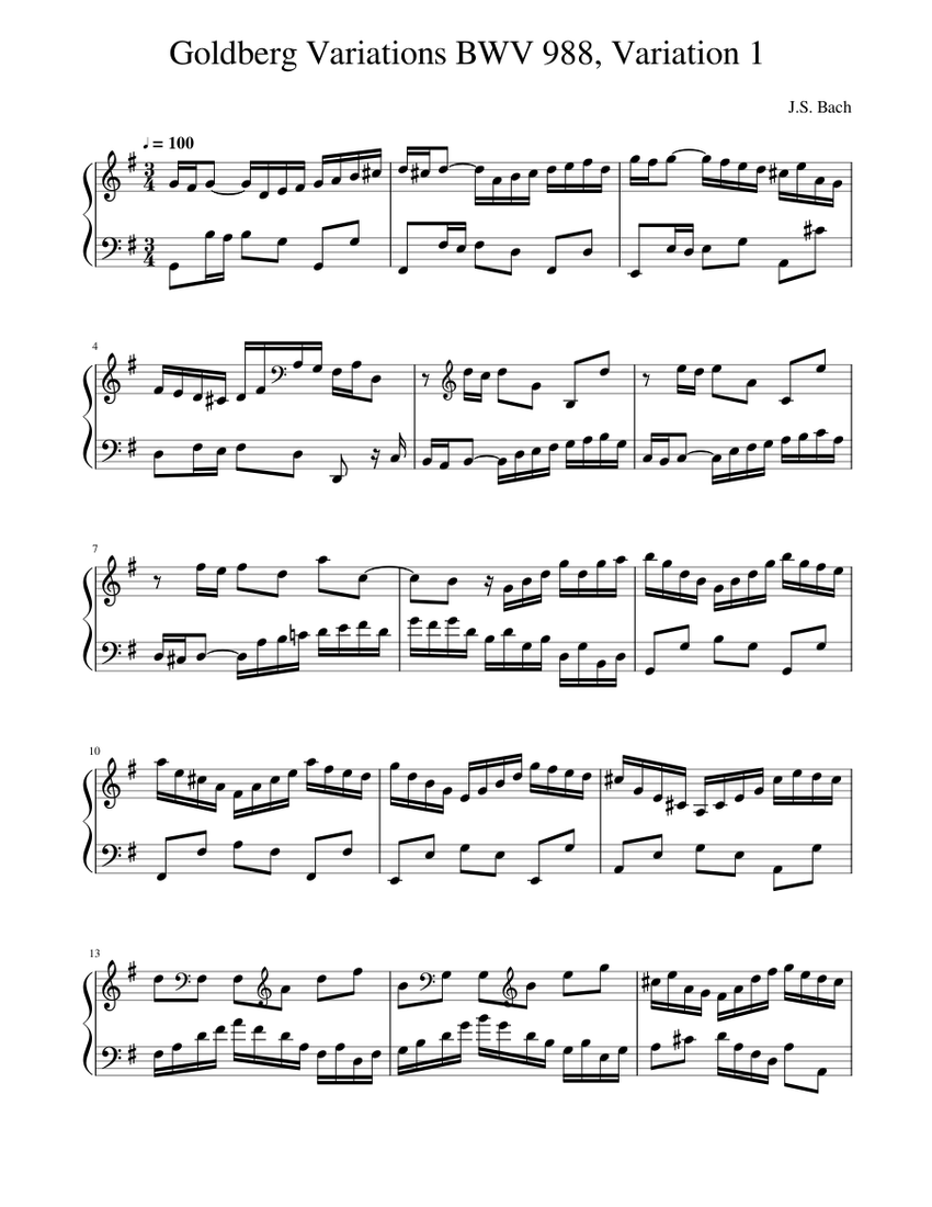 Goldberg Variations BWV 988, Variation 1 Sheet Music for Piano (Solo ...