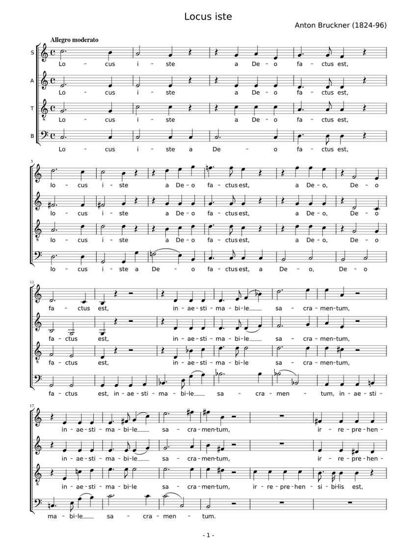 Bruckner / Locus iste Sheet Music for Soprano, Alto, Tenor, Bass voice ...