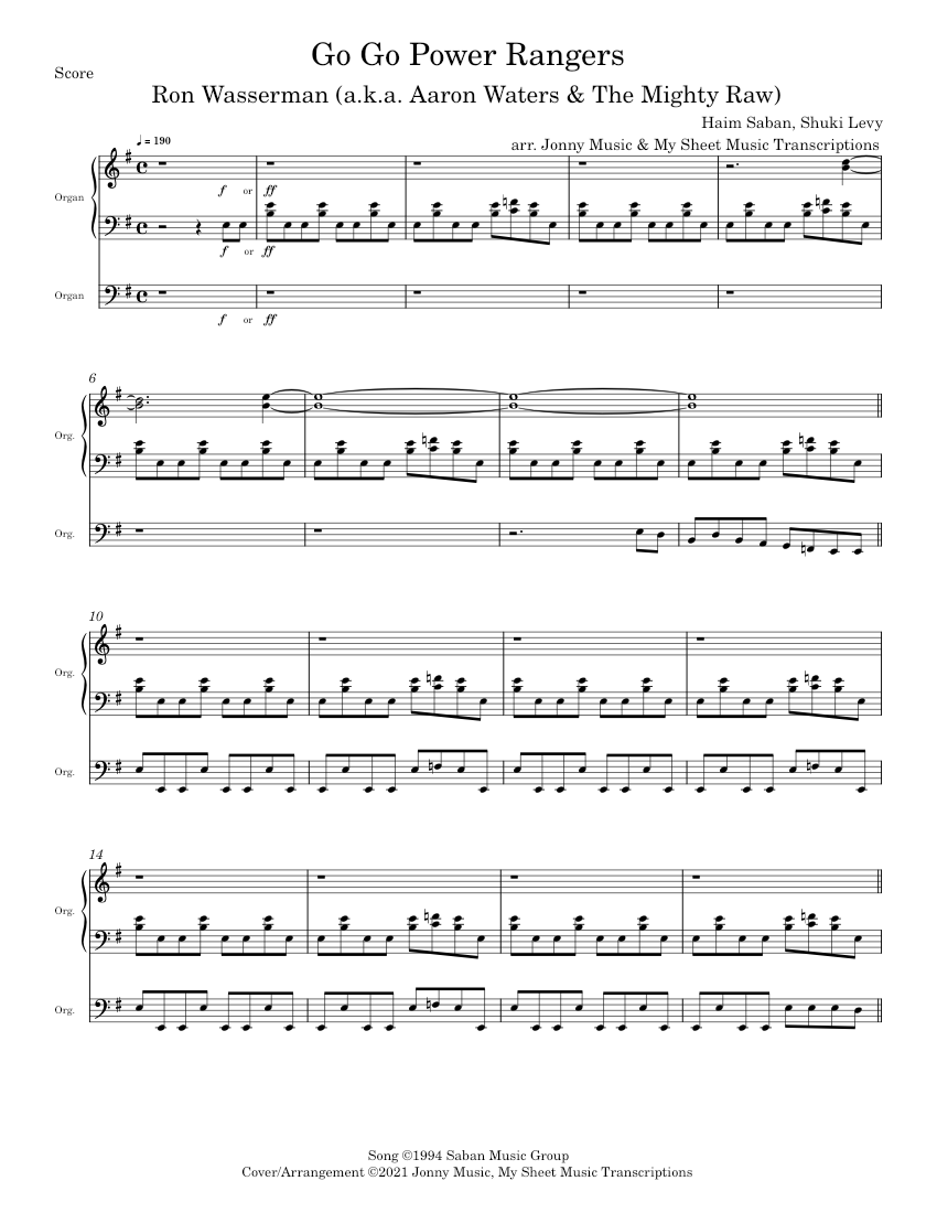 Go Go Power Rangers (Ron Wasserman) Organ Cover Sheet music for Organ ...