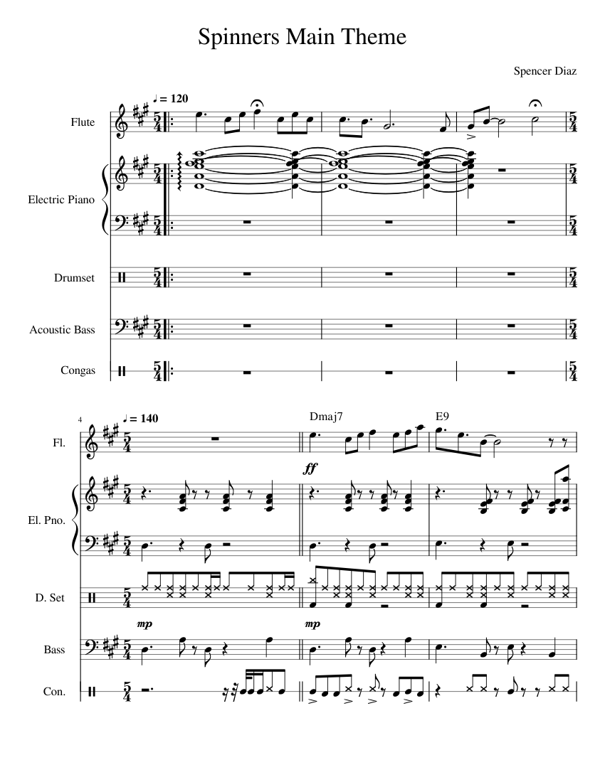 Spinners_Main_Theme Sheet music for Piano, Flute, Bass guitar, Drum ...