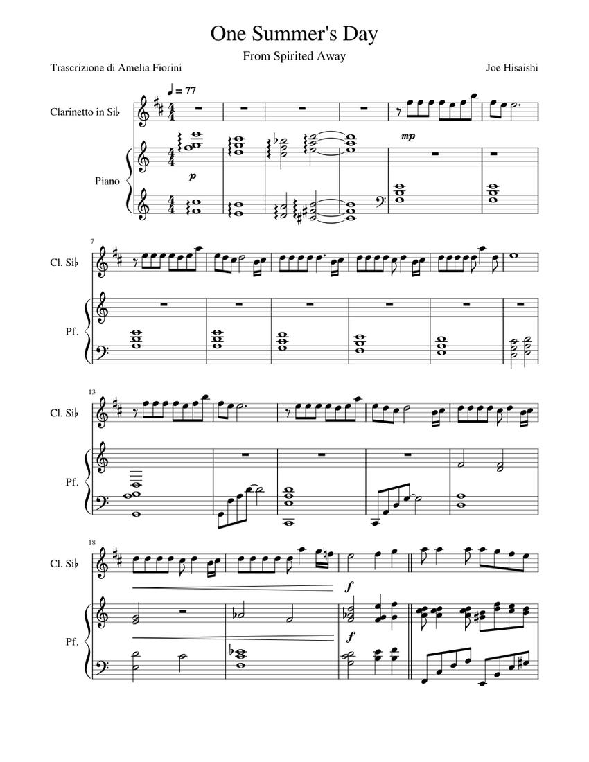 One_Summer's_Day Sheet Music for Piano, Clarinet in b-flat (Mixed Duet ...