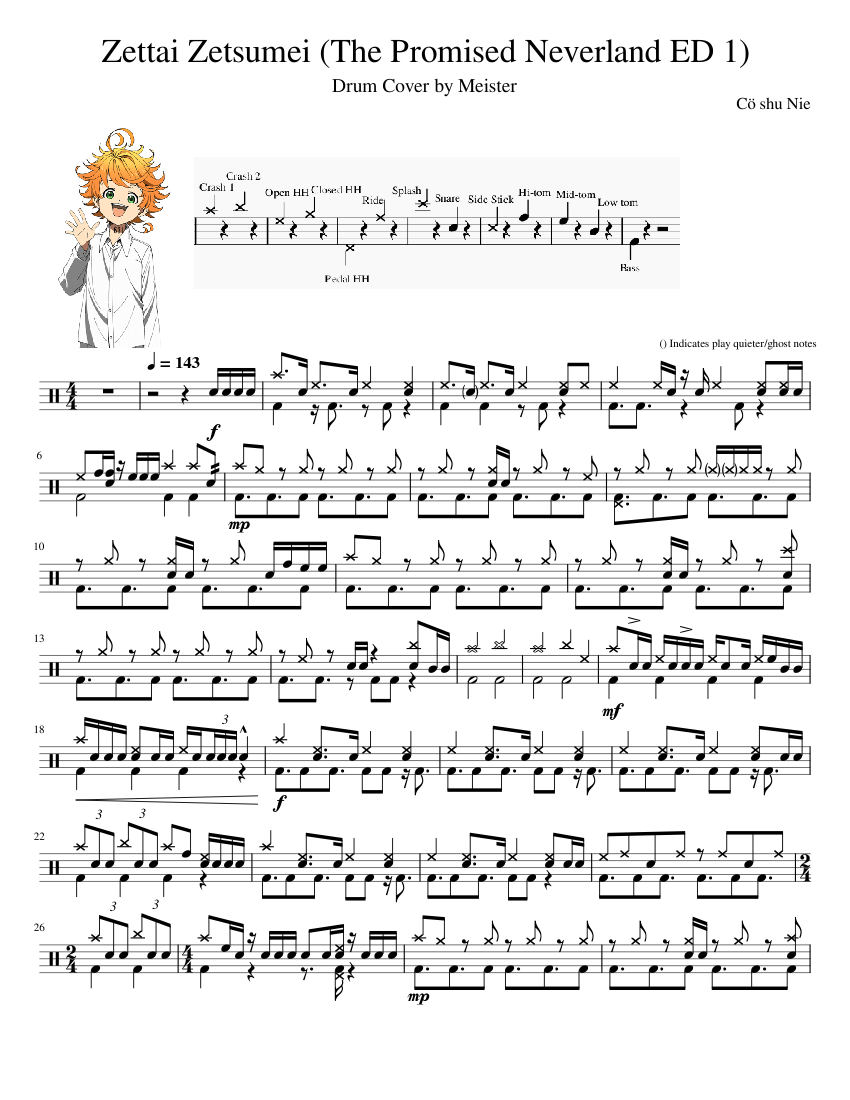 Zettai Zetsumei: Drum Tabs (The Promised Neverland ED 1) Sheet music ...