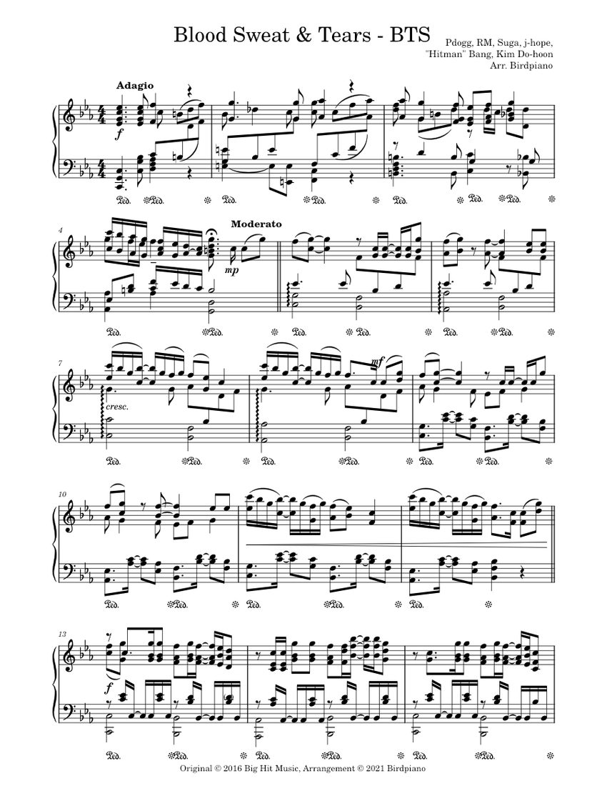 Blood Sweat & Tears - BTS (Temptatious Piano Solo) Sheet Music for ...