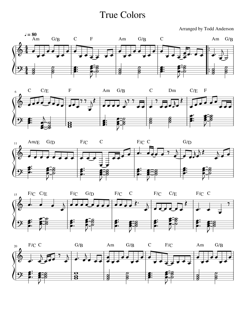 True Colors Sheet Music with Chords for Piano (Solo) Easy | MuseScore.com