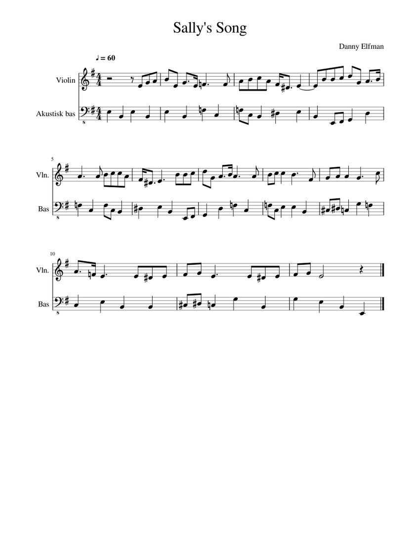 Sally's Song Sheet Music for Piano, Violin, Bass guitar (Mixed Trio ...