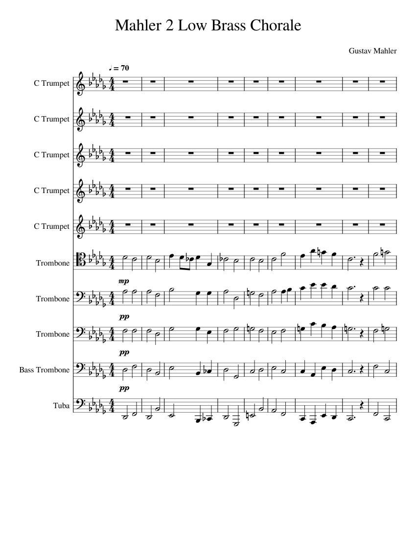 Mahler 2 Low Brass Chorale Sheet Music for Trombone, Tuba, Trombone bass, Trumpet in c (Brass ...