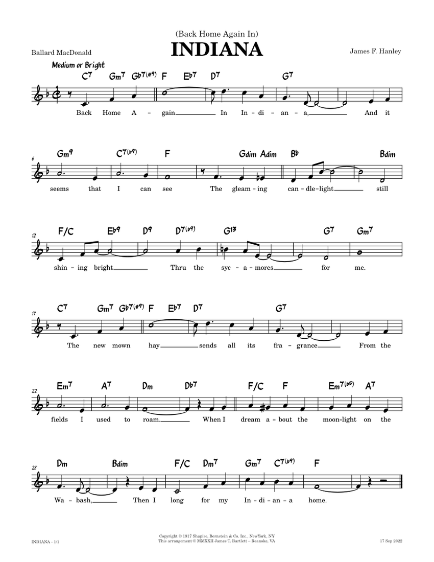Indiana [lead sheet] – James F. Hanley, Ballard MacDonald Sheet Music ...