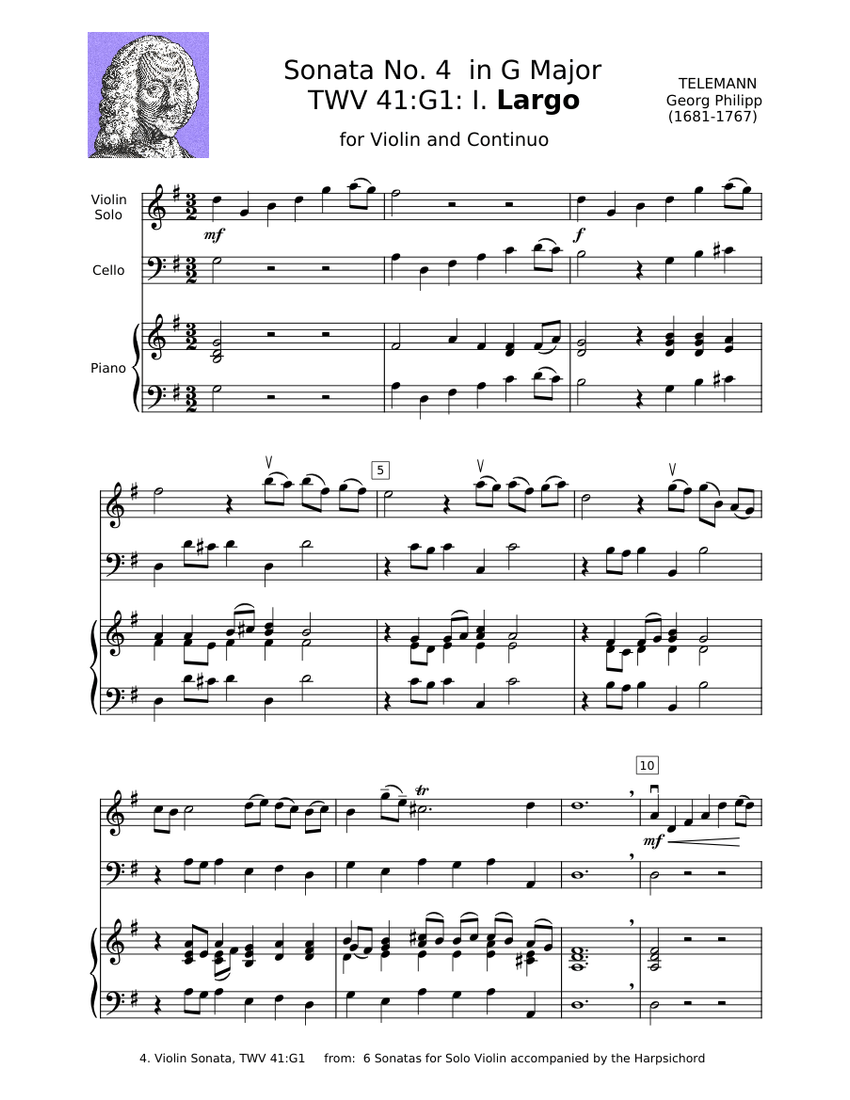 Sonata No 4 in G Major, TWV 41:G1 – Georg Philipp Telemann I. Largo ...