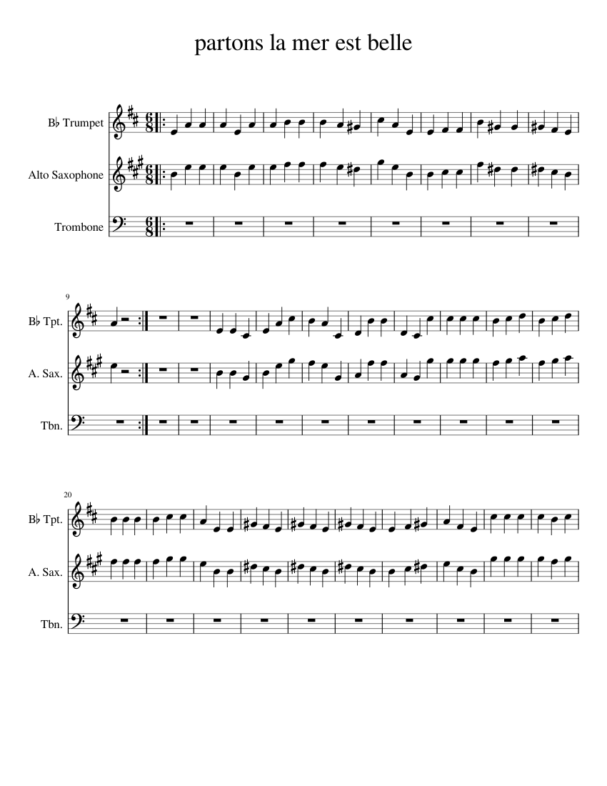 Partons la mer est belle Sheet music for Trombone, Saxophone alto, Trumpet in b-flat (Mixed Trio ...