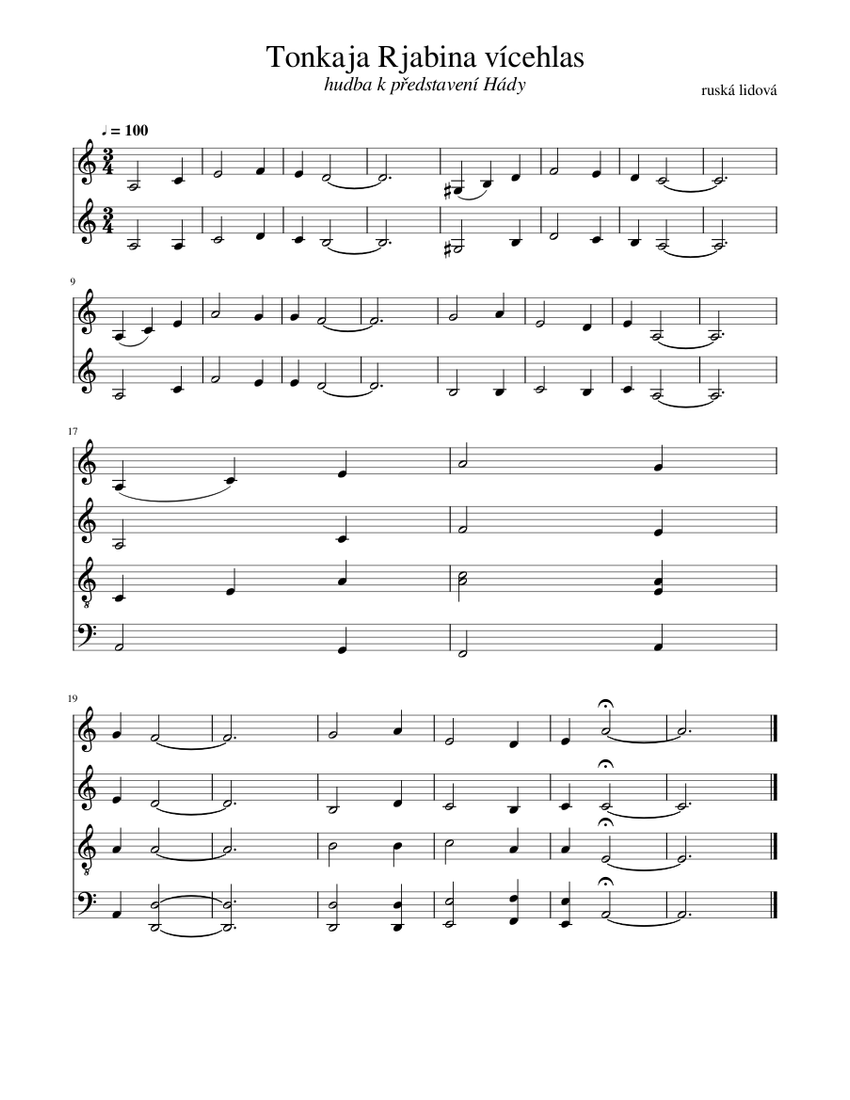 Tonkaja Rjabina vícehlas Sheet music for Soprano, Alto, Tenor, Bass ...