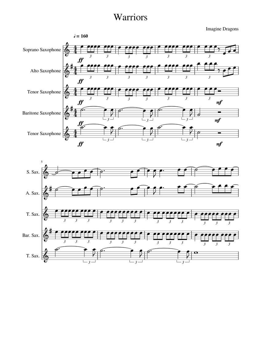 Warriors Saxophone Quintet Sheet music for Saxophone alto, Saxophone ...