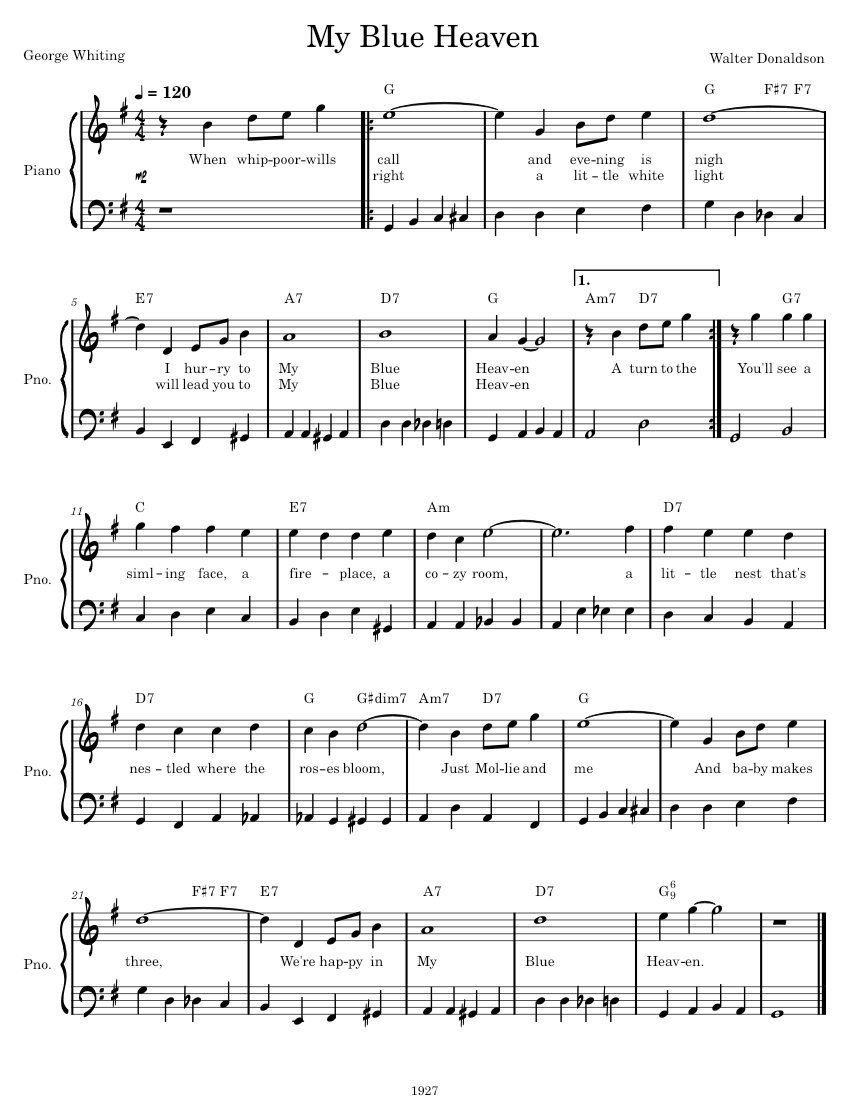 My Blue Heaven Sheet Music with Chords for Piano (Solo) | MuseScore.com