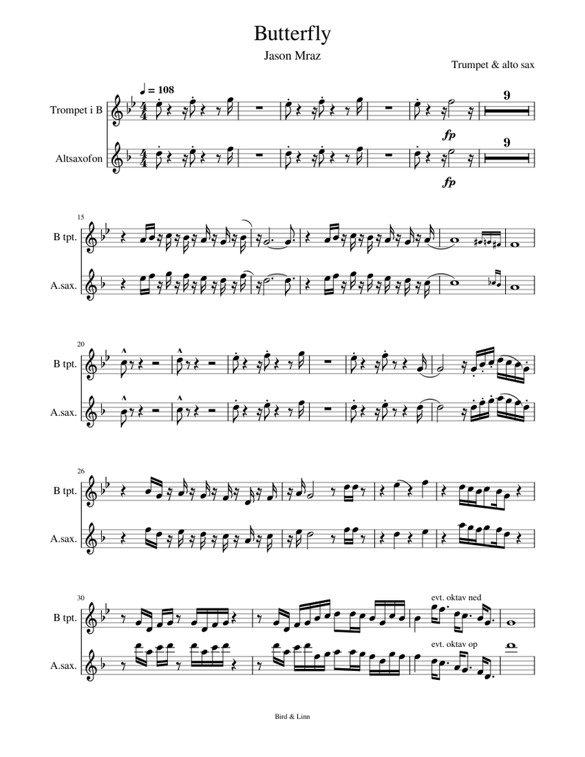 Butterfly Sheet Music for Saxophone alto, Trumpet in b-flat (Mixed Duet ...
