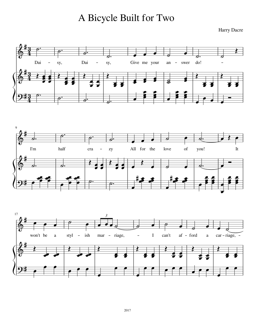 A Bicycle Built for Two Sheet Music for Piano, Vocals (Piano-Voice ...