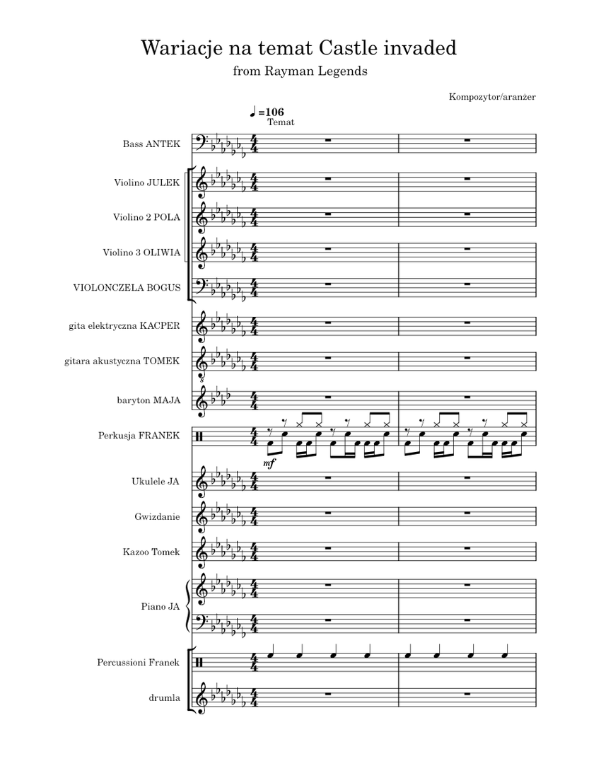 wariacje na temat Rayman-Castle invaded 18.01 Sheet music for Piano, Guitar, Bass guitar (Mixed ...