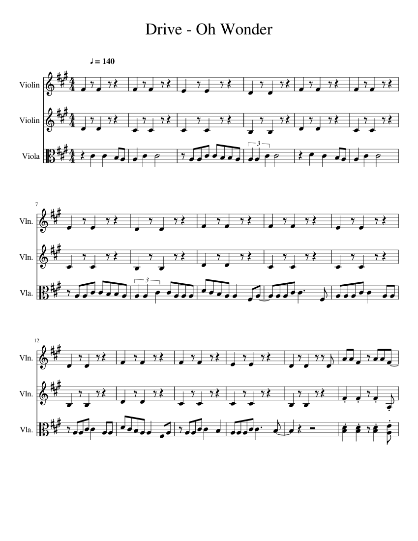 Drive - Oh Wonder Sheet Music for Violin, Viola (Mixed Trio ...