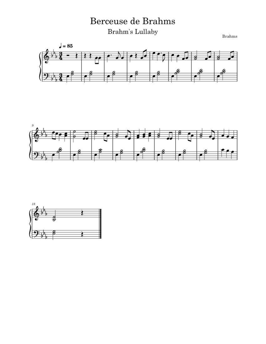 Brahm's Lullaby – Johannes Brahms Berceuse de Brahms Débutant Sheet ...