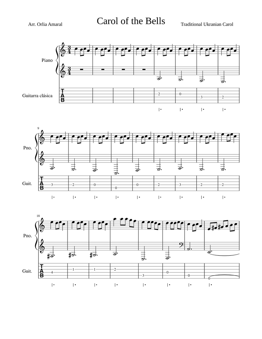 Carol of the Bells guitarra Sheet music for Piano, Guitar (Mixed Duet ...