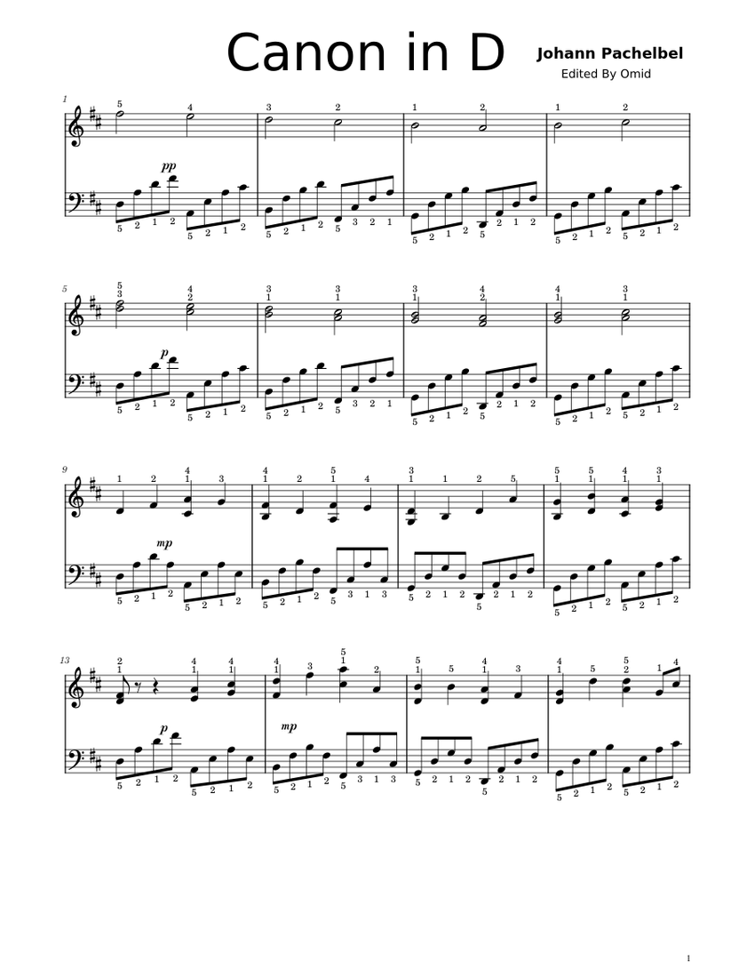 Canon in D – with finger Sheet music for Piano (Solo) | Musescore.com