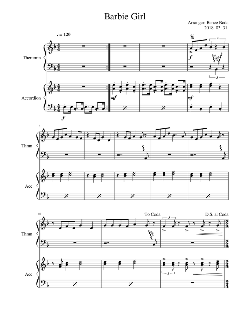 Barbie Girl Sheet Music for Accordion (Solo) | MuseScore.com