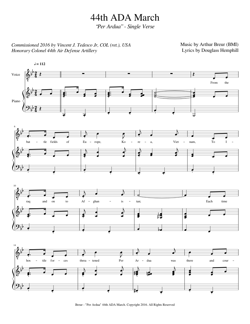 "Per Ardua" - 44th ADA March - Single Verse Version Sheet music for ...
