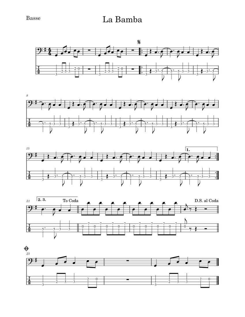 La Bamba – Musique Traditionnelle Sheet music for Bass guitar (Solo ...