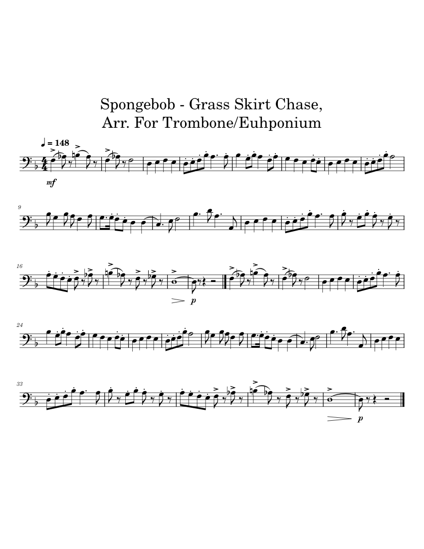 Spongebob - Grass Skirt Chase, Arr. for Trombone/Euphonium Sheet Music ...