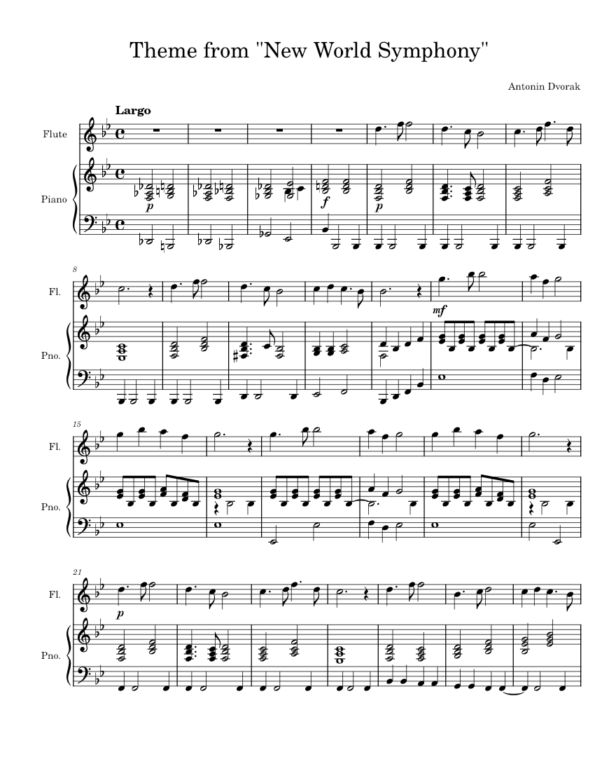 Theme from New World Symphony Sheet music for Piano, Flute (Mixed Duet ...