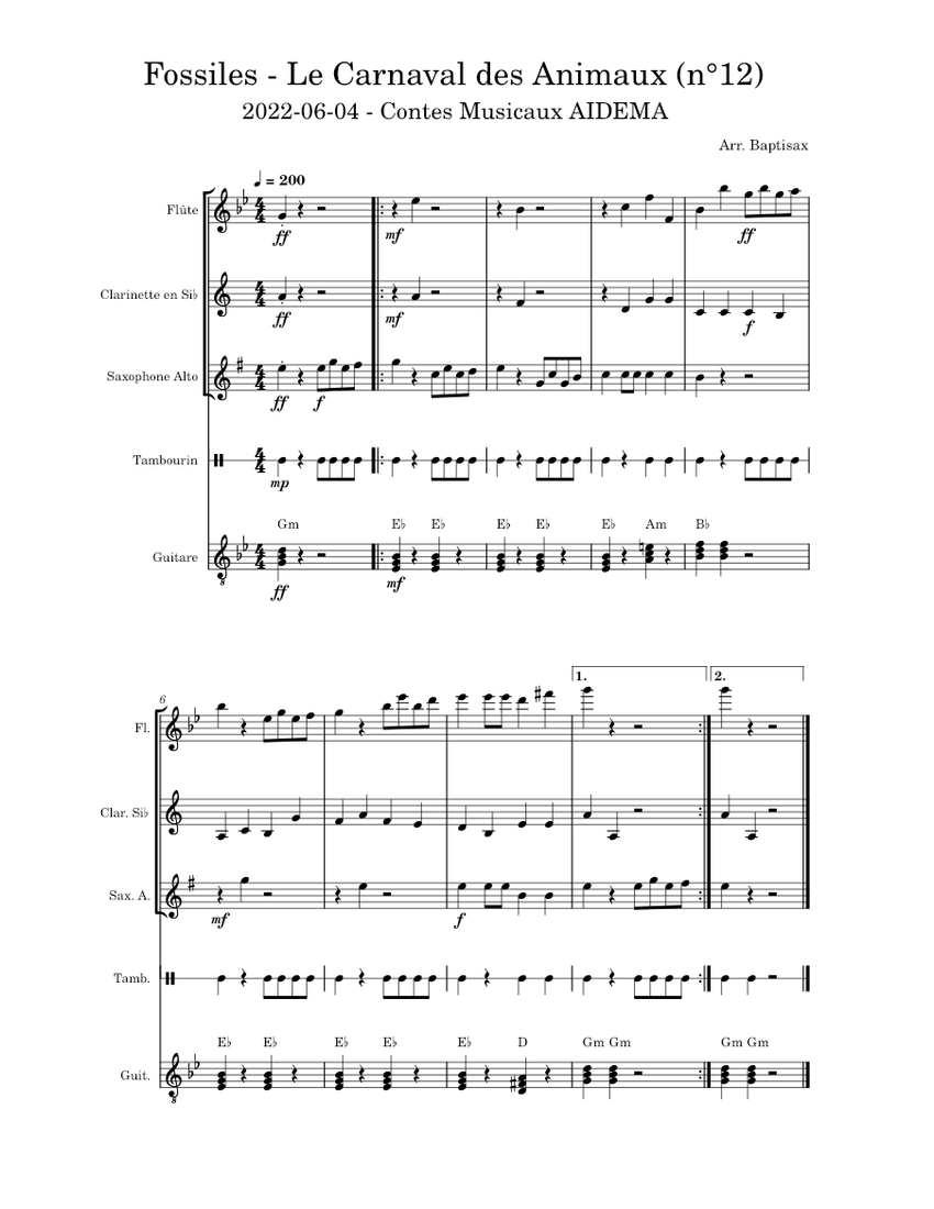 Le carnaval des animaux (les fossiles) – Camille Saint-Saëns Sheet ...