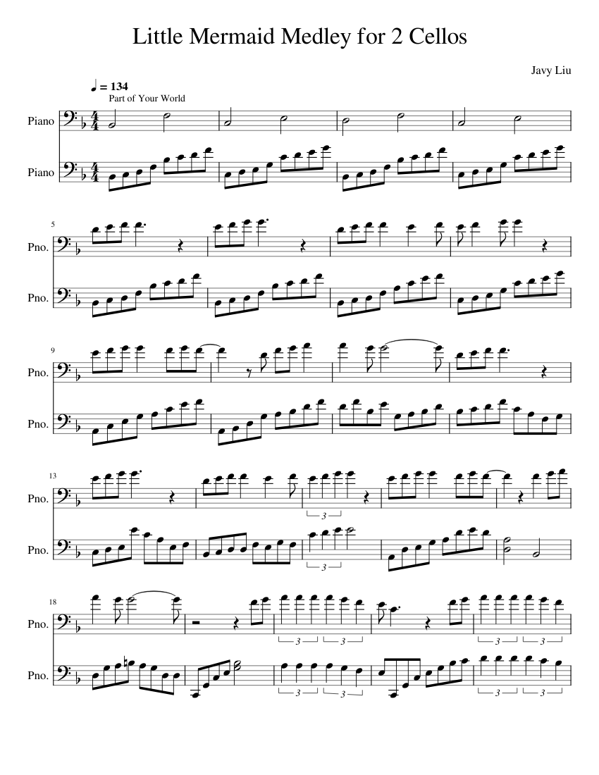 Little Mermaid Medley for 2 Cellos - piano tutorial