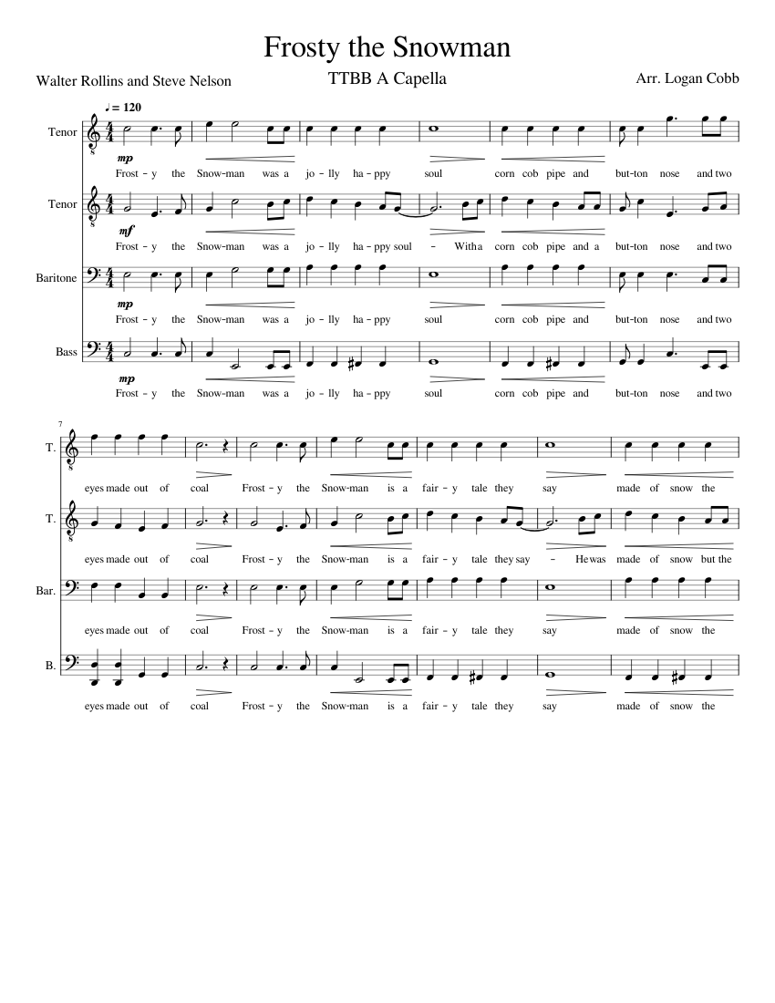 Frosty the Snowman Sheet Music for Tenor, Bass voice, Baritone (Choral ...